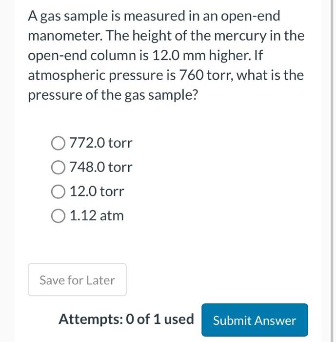 Solved A gas sample is measured in an open-end manometer. | Chegg.com