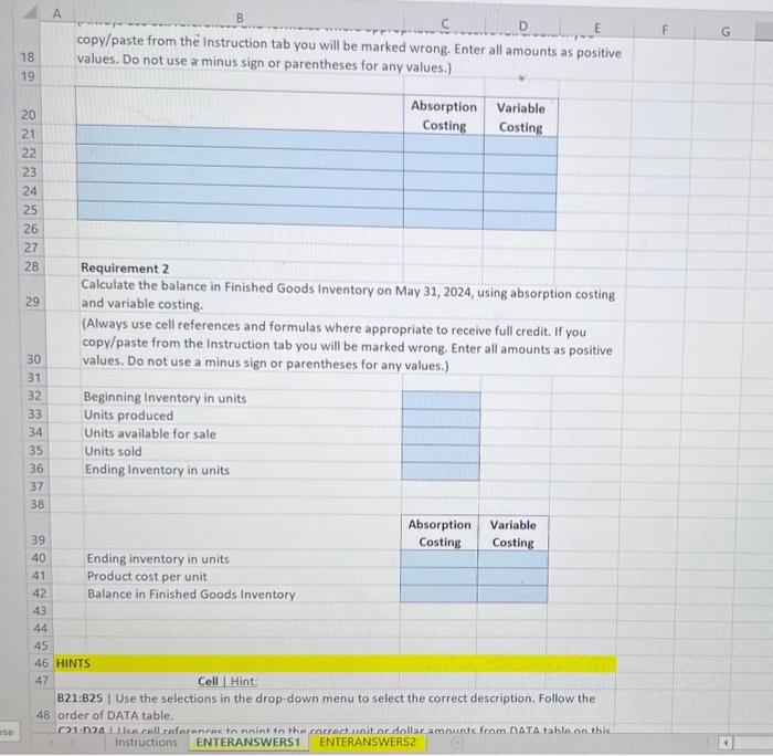 Solved 1 Variable Costing Using Excel for Variable Costing | Chegg.com