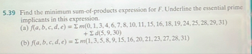 Solved 5.39 ﻿Find the minimum sum-of-products expression for | Chegg.com