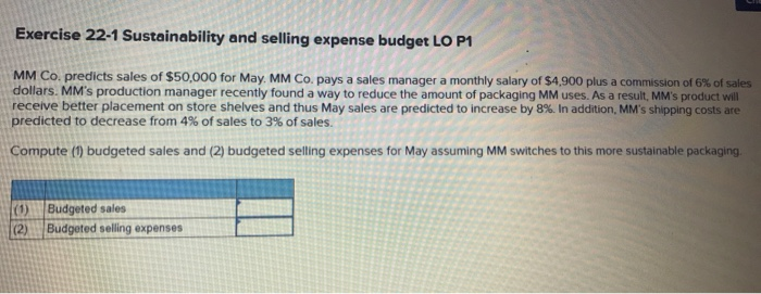 Solved Exercise 22-1 Sustainability and selling expense | Chegg.com