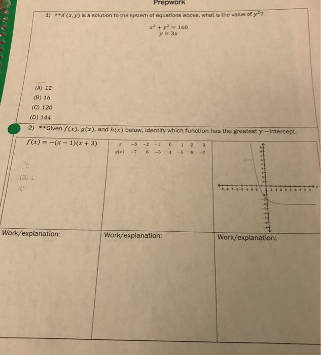 Solved Prepwork 1) ** (x,y) is a solution to the system of | Chegg.com