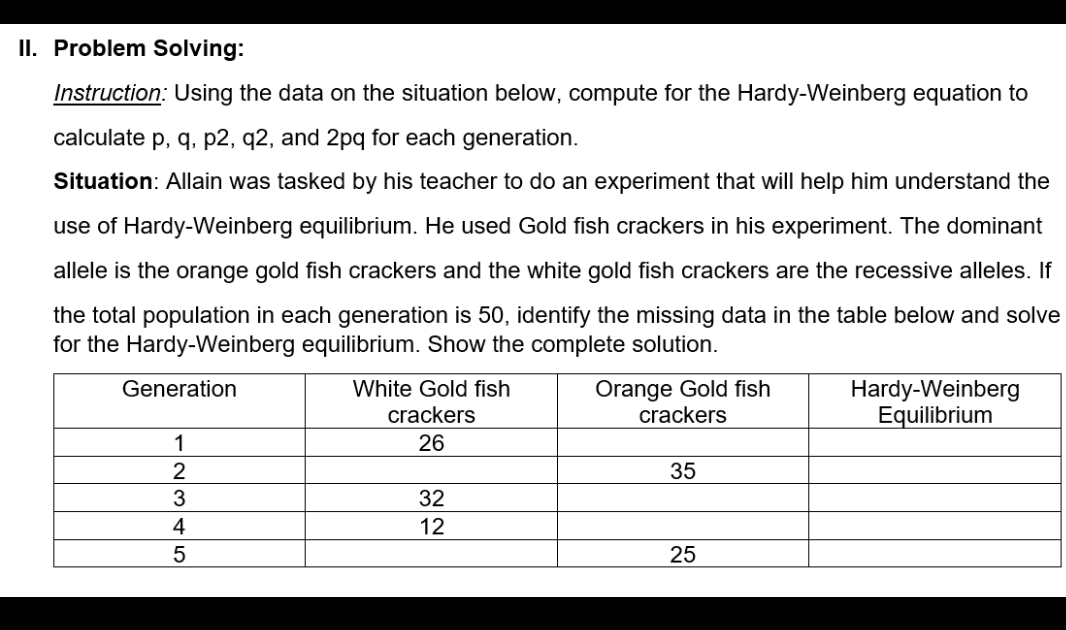 Solved II. Problem Solving: Instruction: Using the data on | Chegg.com