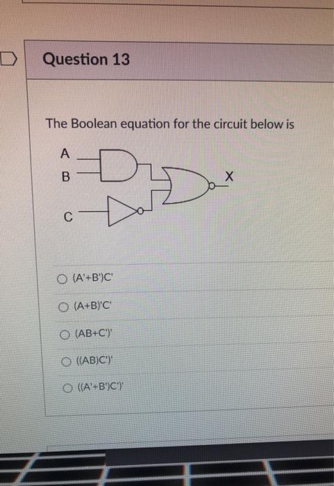 Solved Question 13 The Boolean equation for the circuit | Chegg.com
