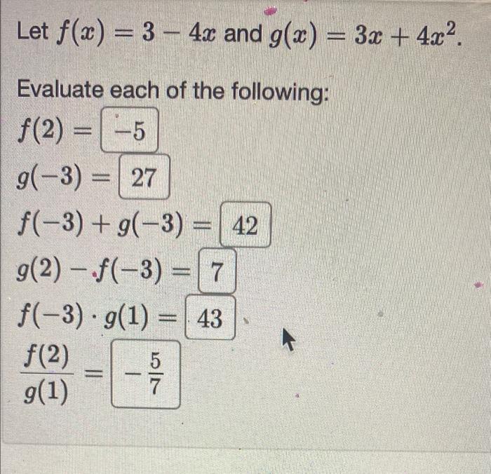 Solved Let f(x) = 3 – 4x and g(x) = 3x + 4x2. Evaluate each | Chegg.com
