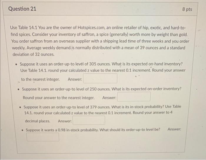 Solved TABLE 14A.1 The Distribution Function, F(z), and the | Chegg.com