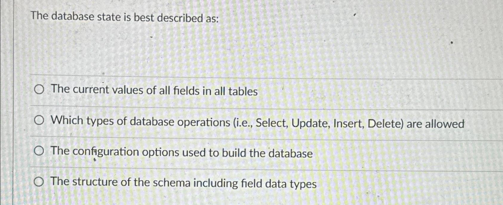 Solved The database state is best described as:The current | Chegg.com