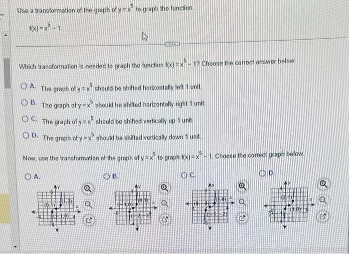Solved Use a transformation of the graph of y=x5 to graph | Chegg.com