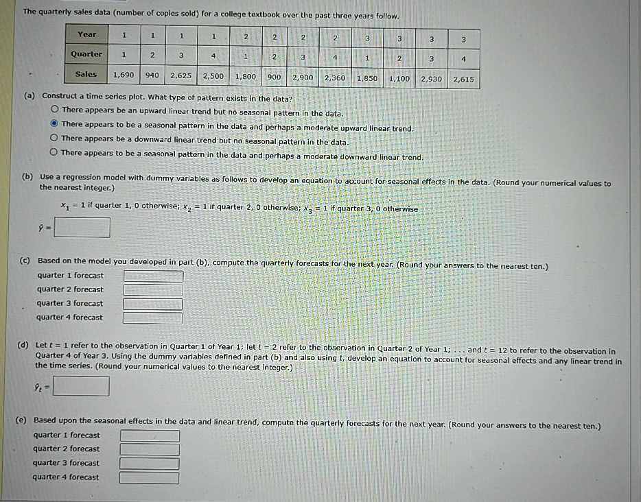 Solved The quarterly sales data (number of copies sold) ﻿for | Chegg.com