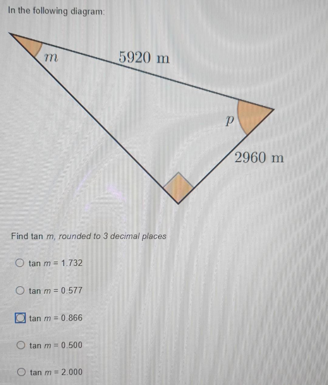 Solved In the following diagram: Find tanm, rounded to 3 | Chegg.com