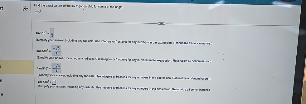 Solved Find the exact values of the six trigonometric | Chegg.com