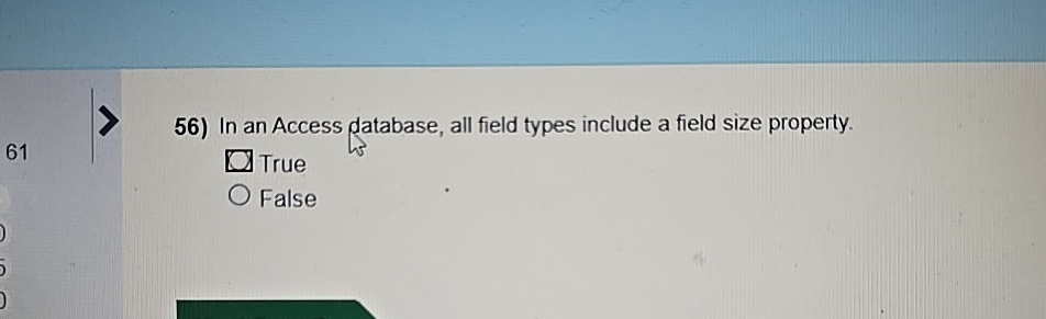 Solved In an Access database, all field types include a | Chegg.com