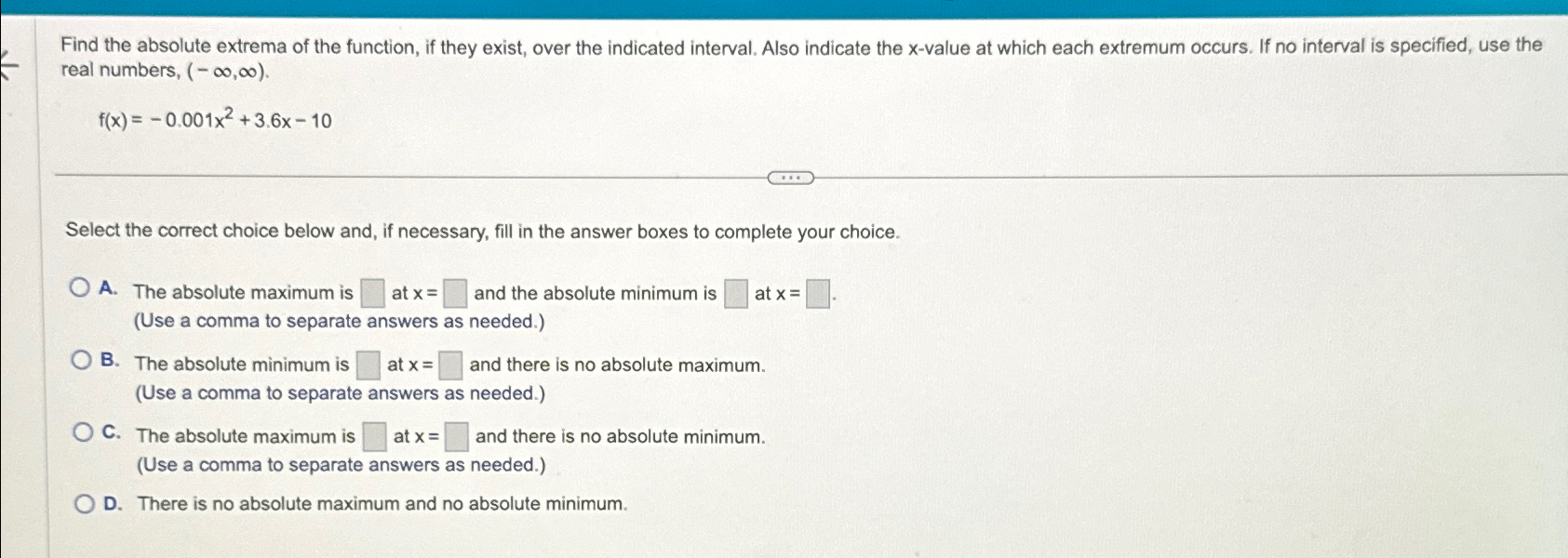 Solved Find the absolute extrema of the function, if they | Chegg.com