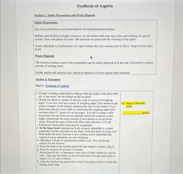 Solved Synthesis of Aspirin Laboratory Date: Date Report | Chegg.com