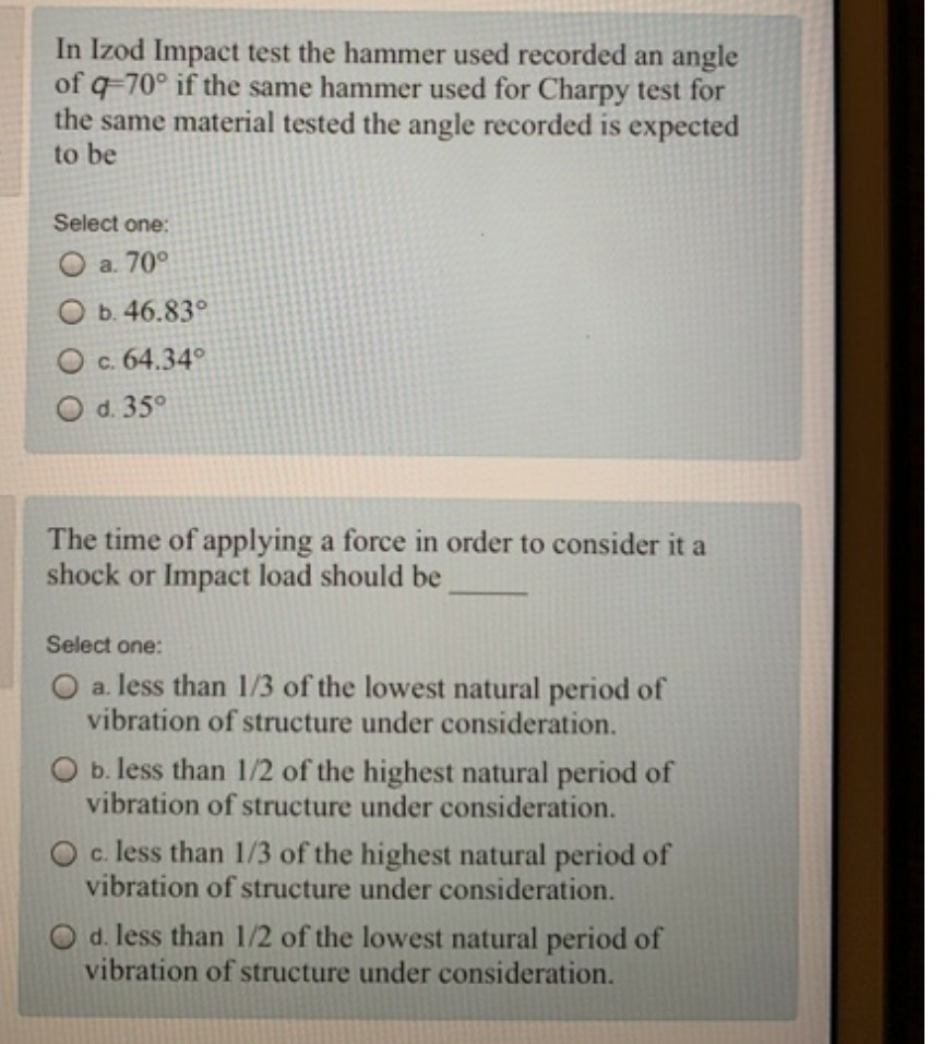 Solved In Izod Impact test the hammer used recorded an angle | Chegg.com