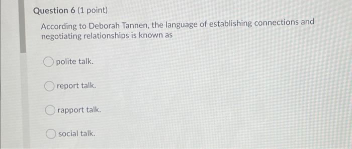 Solved Question 6 (1 point) According to Deborah Tannen, the | Chegg.com