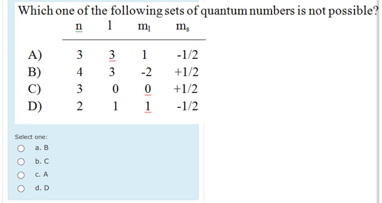 Solved Which one of the following sets of quantum numbers is | Chegg.com