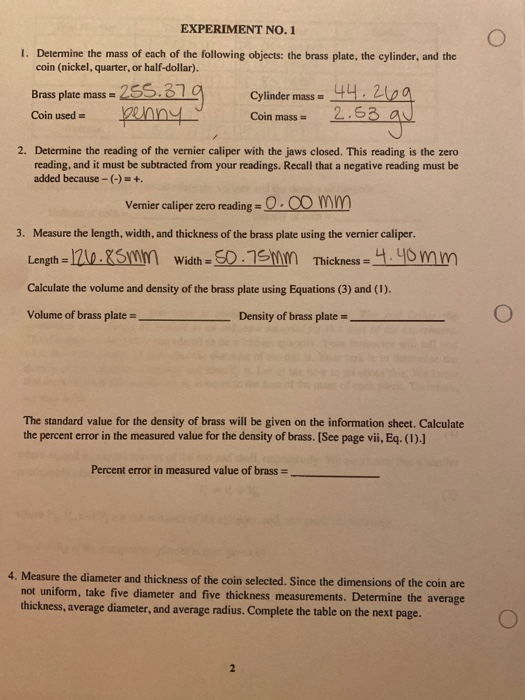 Solved EXPERIMENT NO.1 1. Determine the mass of each of the | Chegg.com
