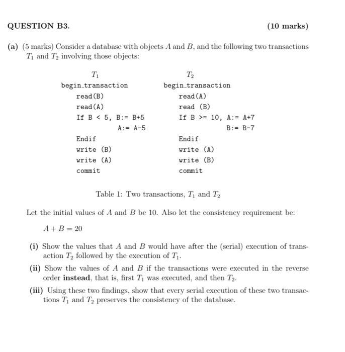 Solved (a) (5 marks) Consider a database with objects A and | Chegg.com