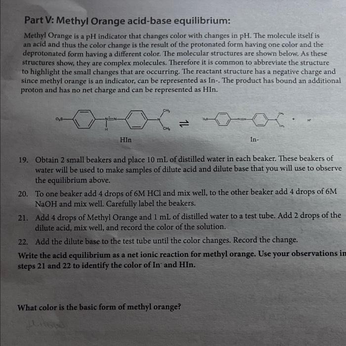 Solved Part V: Methyl Orange acid-base equilibrium: Methyl | Chegg.com