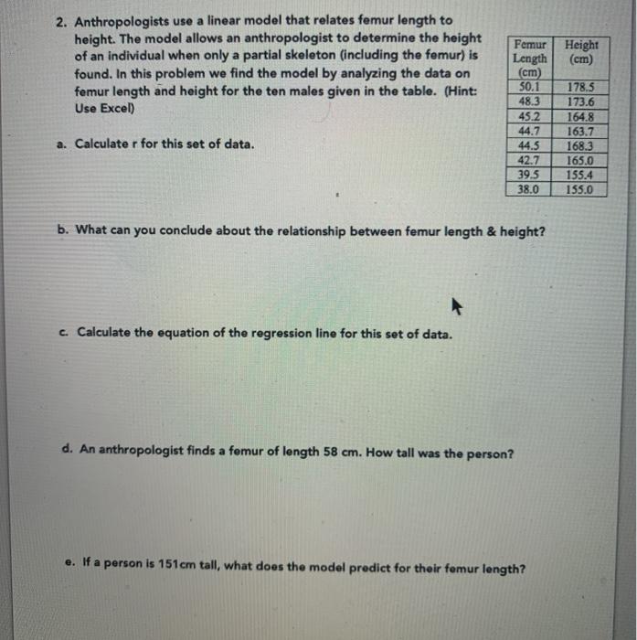 Solved 2. Anthropologists use a linear model that relates | Chegg.com
