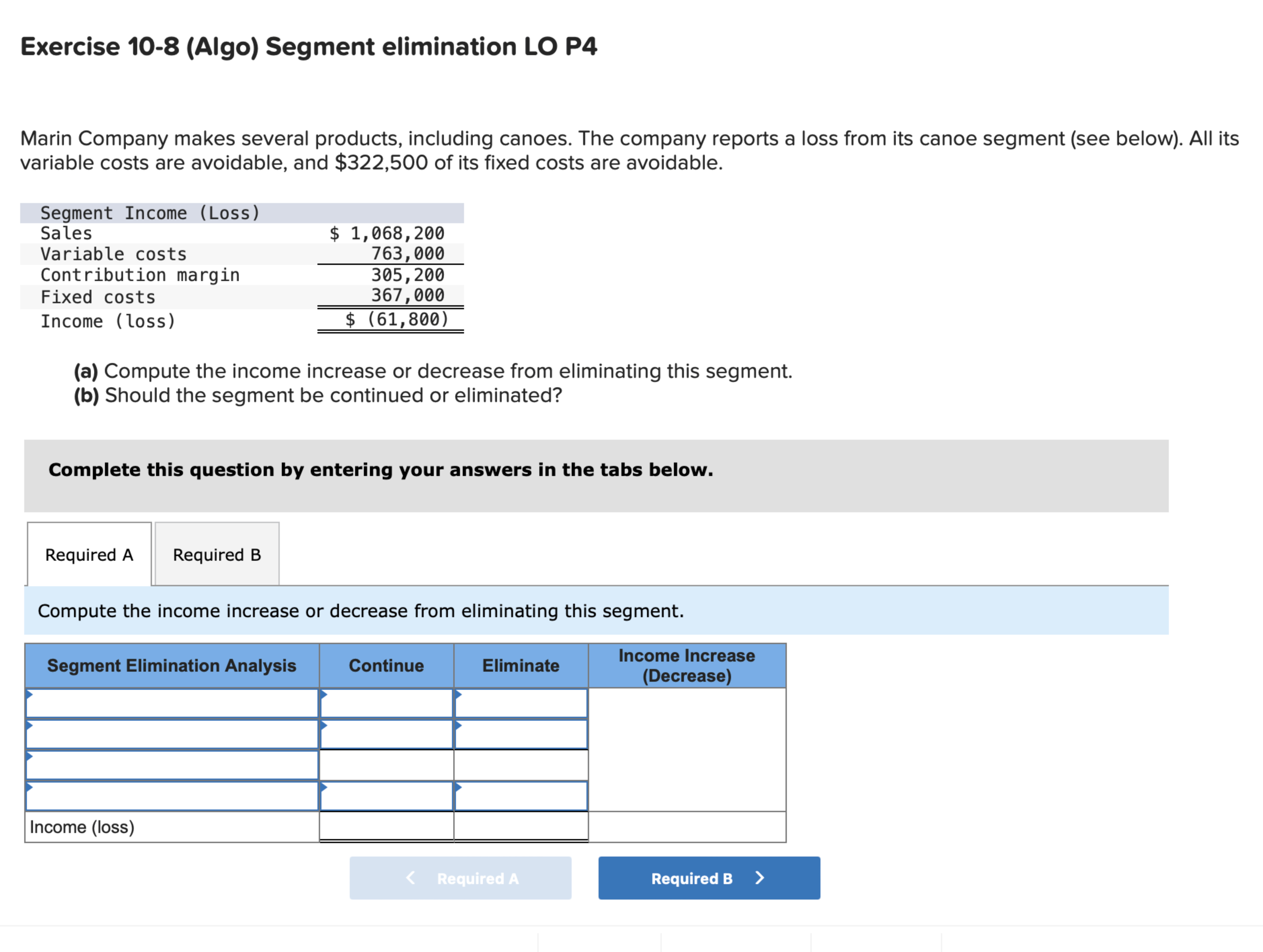 Solved Exercise 10-8 (Algo) ﻿Segment elimination LO P4Marin | Chegg.com