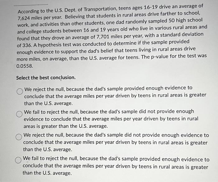 Solved According to the U.S. Dept. of Transportation, teens | Chegg.com