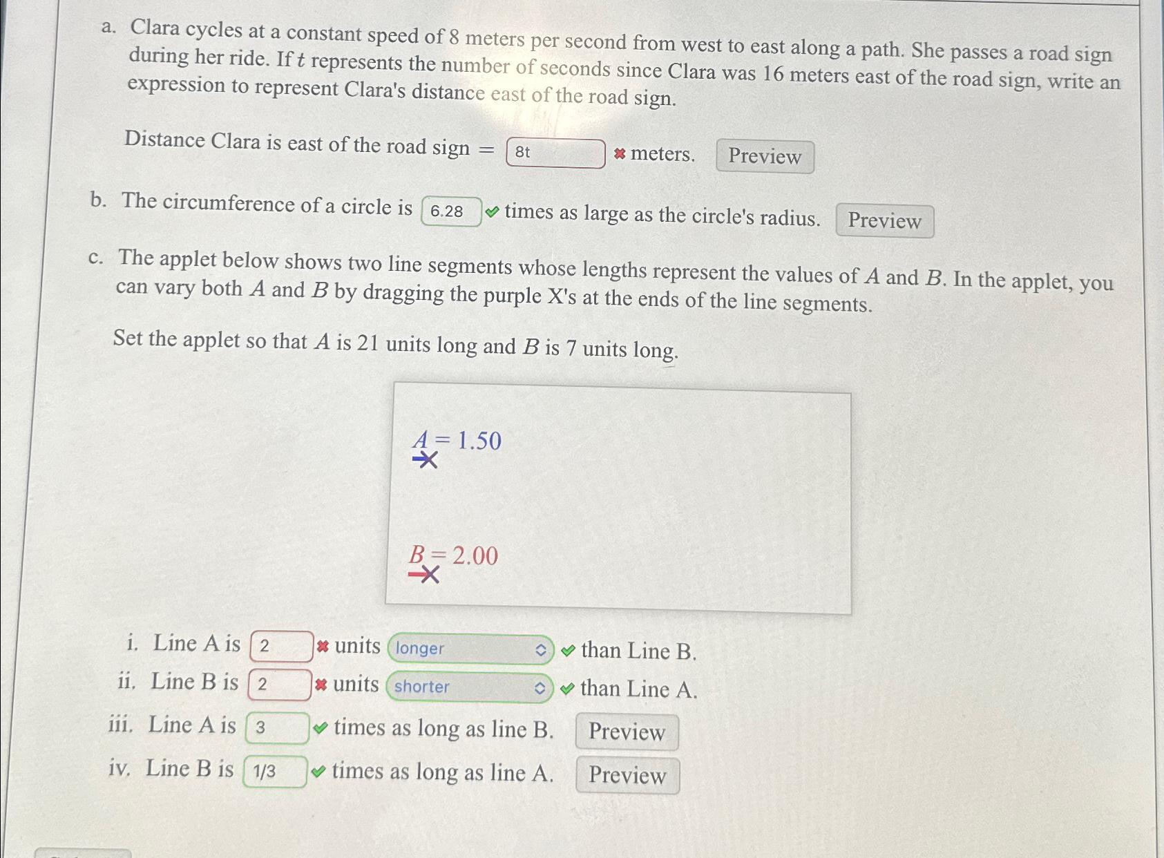 Solved a. ﻿Clara cycles at a constant speed of 8 ﻿meters per | Chegg.com