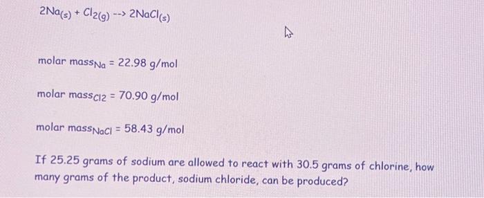 Solved 2Na(s)+Cl2(g)→2NaCl(s) molar mass Na=22.98 g/mol | Chegg.com