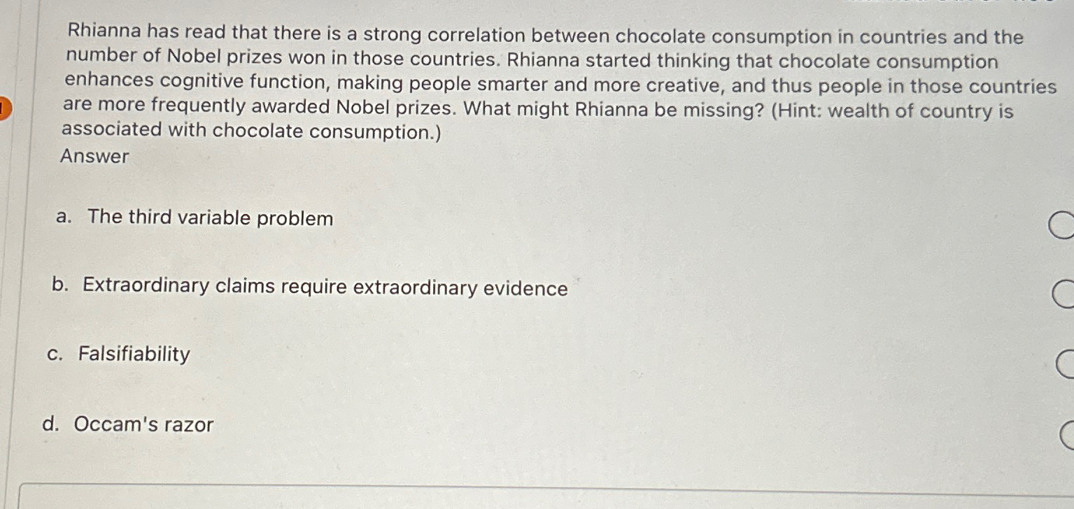 Solved Rhianna has read that there is a strong correlation | Chegg.com