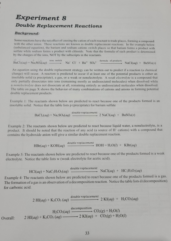 Solved Experiment 8 Double Replacement Reactions Background: | Chegg.com