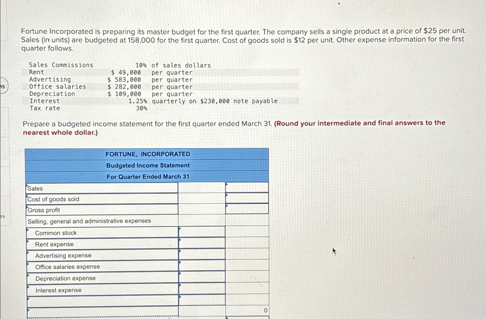Solved Fortune Incorporated is preparing its master budget | Chegg.com