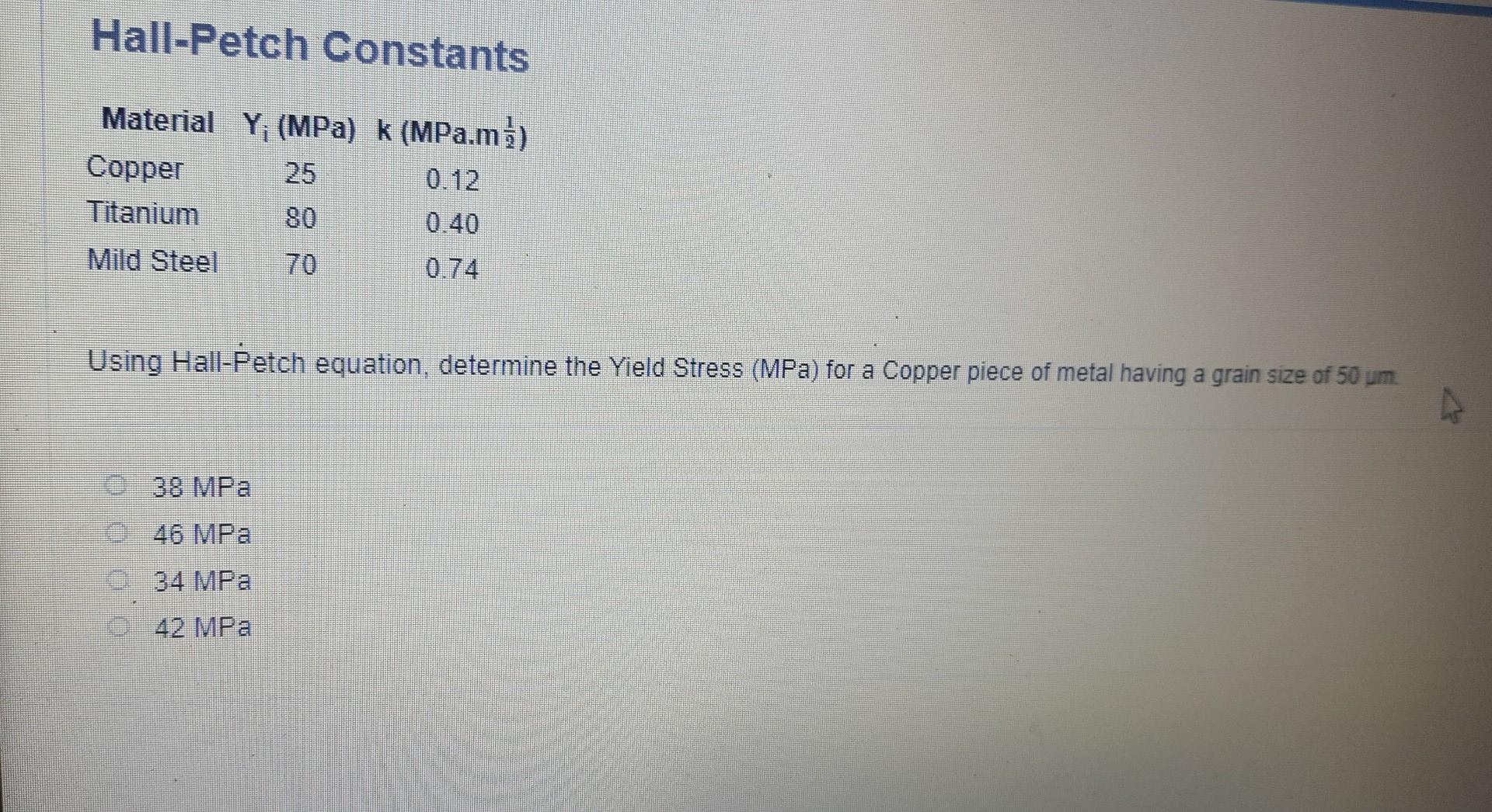 Solved Hall-Petch Constants Material Y(MPa) k (MPa.ma) | Chegg.com