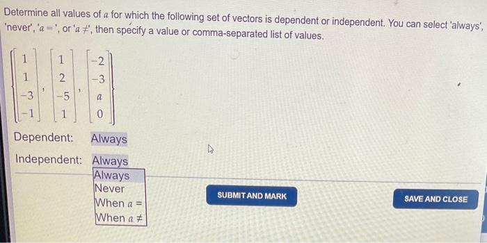 Solved Determine all values of a for which the following set | Chegg.com