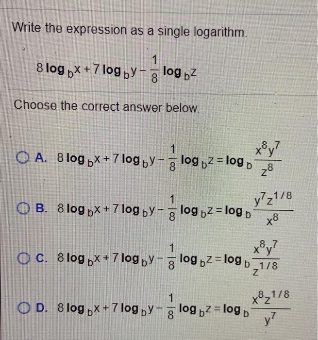 Solved Write the expression as a single logarithm. 1 8 log | Chegg.com