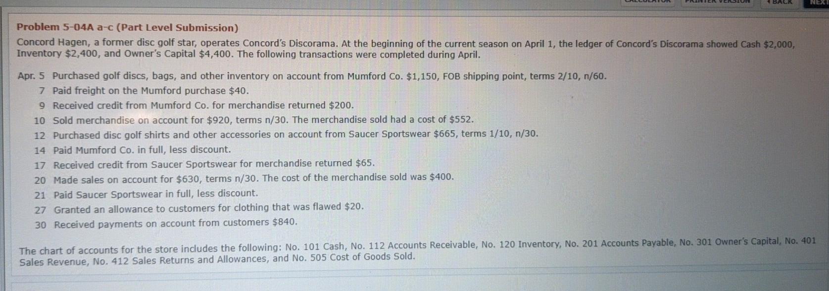 Solved BACK NEX Problem 5-04A a-c (Part Level Submission) | Chegg.com
