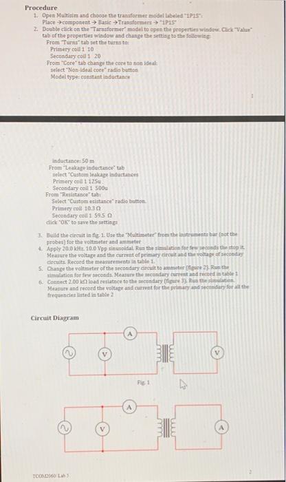 Solved Procedure 1. Open Multisim and choose the transformer | Chegg.com
