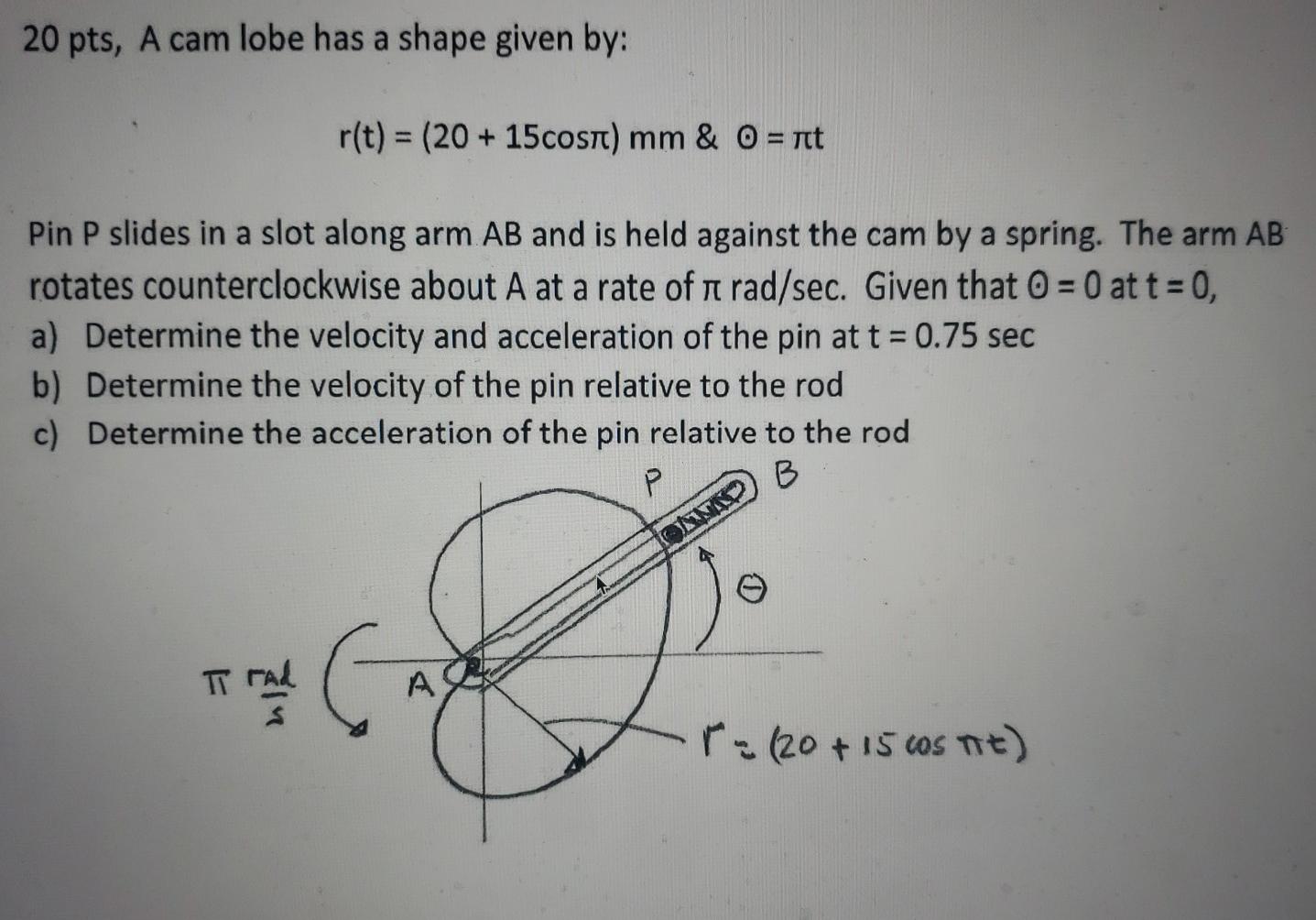 Solved 20 pts, A cam lobe has a shape given by: r(t) = (20 + | Chegg.com