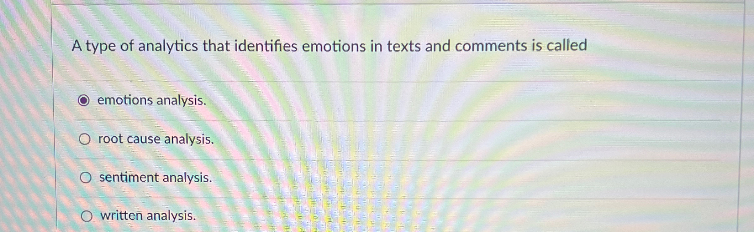Solved A type of analytics that identifies emotions in texts | Chegg.com