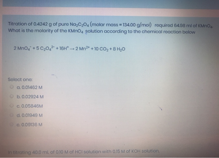 Solved Titration of 0.4242 g of pure Na2C,0, (molar mass = | Chegg.com