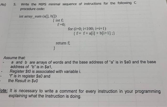 Solved Pts) 5 5. Write the MIPS minimal sequence of | Chegg.com