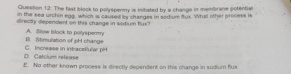 Solved Question 12: The fast block to polyspermy is | Chegg.com