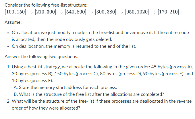 Solved Consider the following free-list | Chegg.com