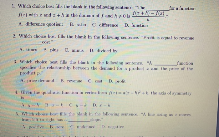Solved For A Function 1 Which Choice Best Fills The Blank