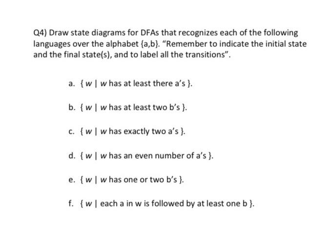 Solved Q4) Draw state diagrams for DFAs that recognizes each | Chegg.com