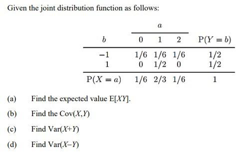 Solved Given the joint distribution function as follows: (a) | Chegg.com