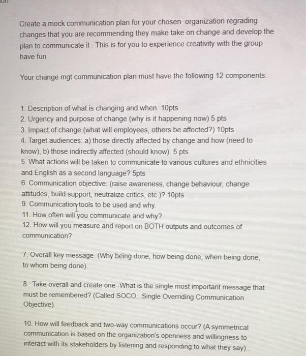 Create a mock communication plan for your chosen | Chegg.com