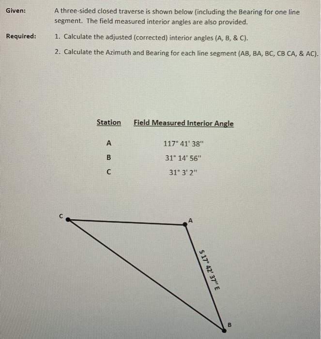 Solved Given: A three-sided closed traverse is shown below | Chegg.com