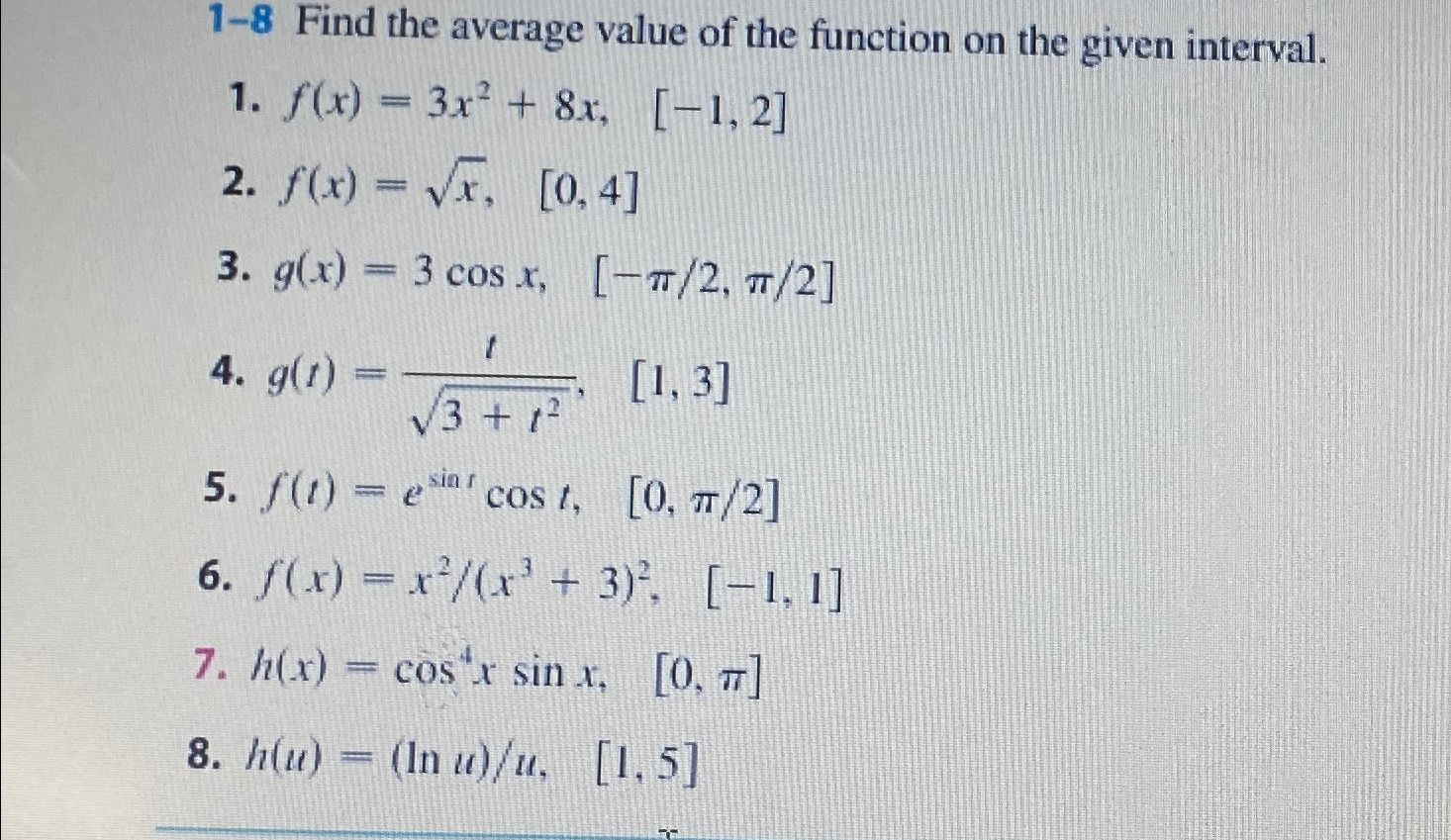 Solved 1-8 ﻿Find the average value of the function on the | Chegg.com