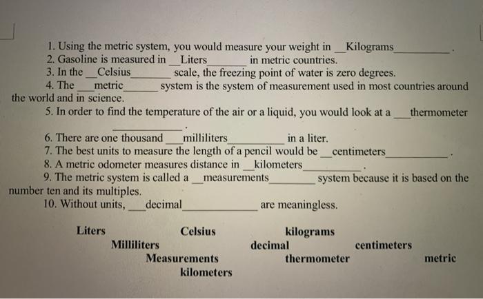 Solved The Metric System Fill in the blank with the | Chegg.com