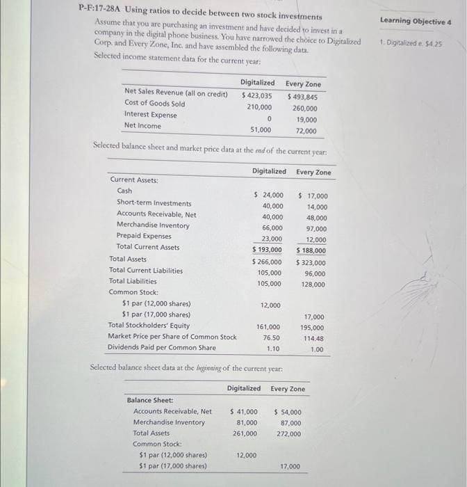 Solved P-F:17-28A Using ratios to decide between two stock | Chegg.com